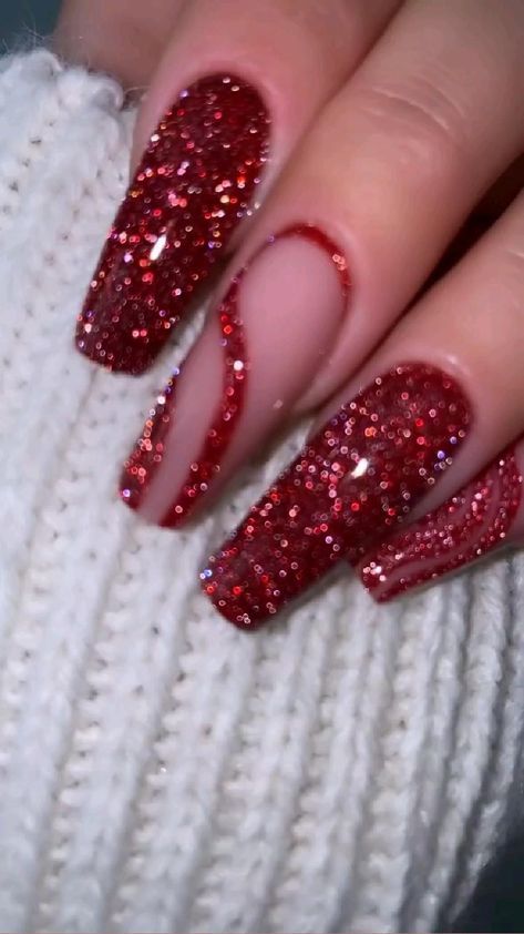 Diseño De Uñas Con Acrilico Glitter Rojo 【IDEAS E IMÁGENES】