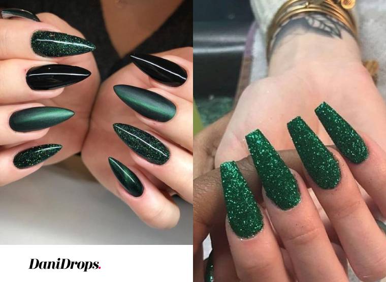 Diseños De Uñas Acrilicas en Color Verde Con Glitter 【IDEAS E IMÁGENES】